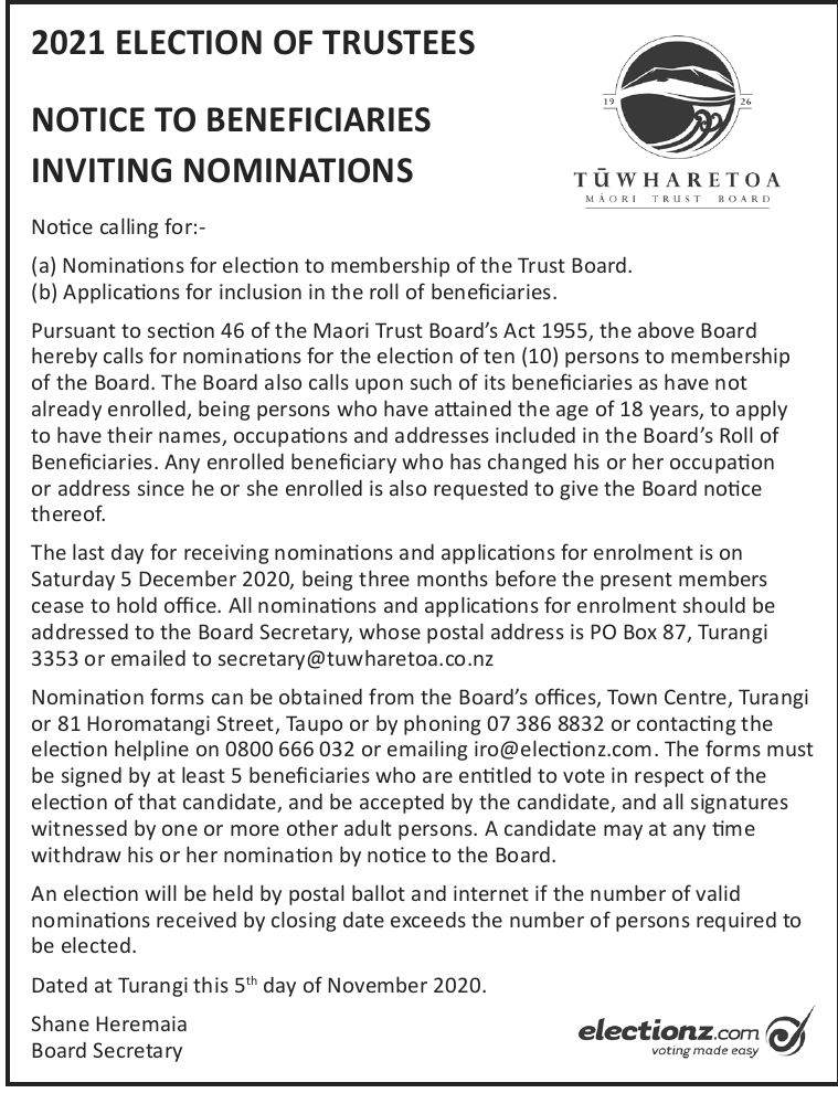 2021 Election of Trustees | Tuwharetoa Maori Trust Board